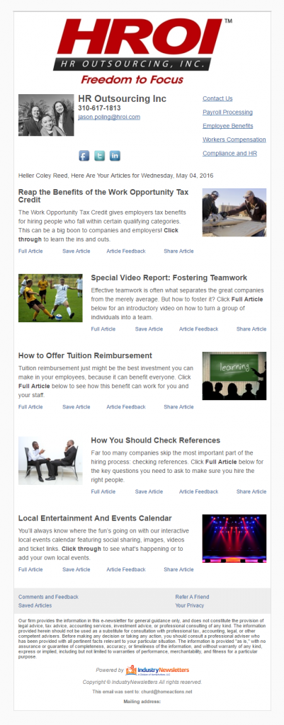 Examples From Our Clients HROI Email Newsletter - IndustryNewsletters